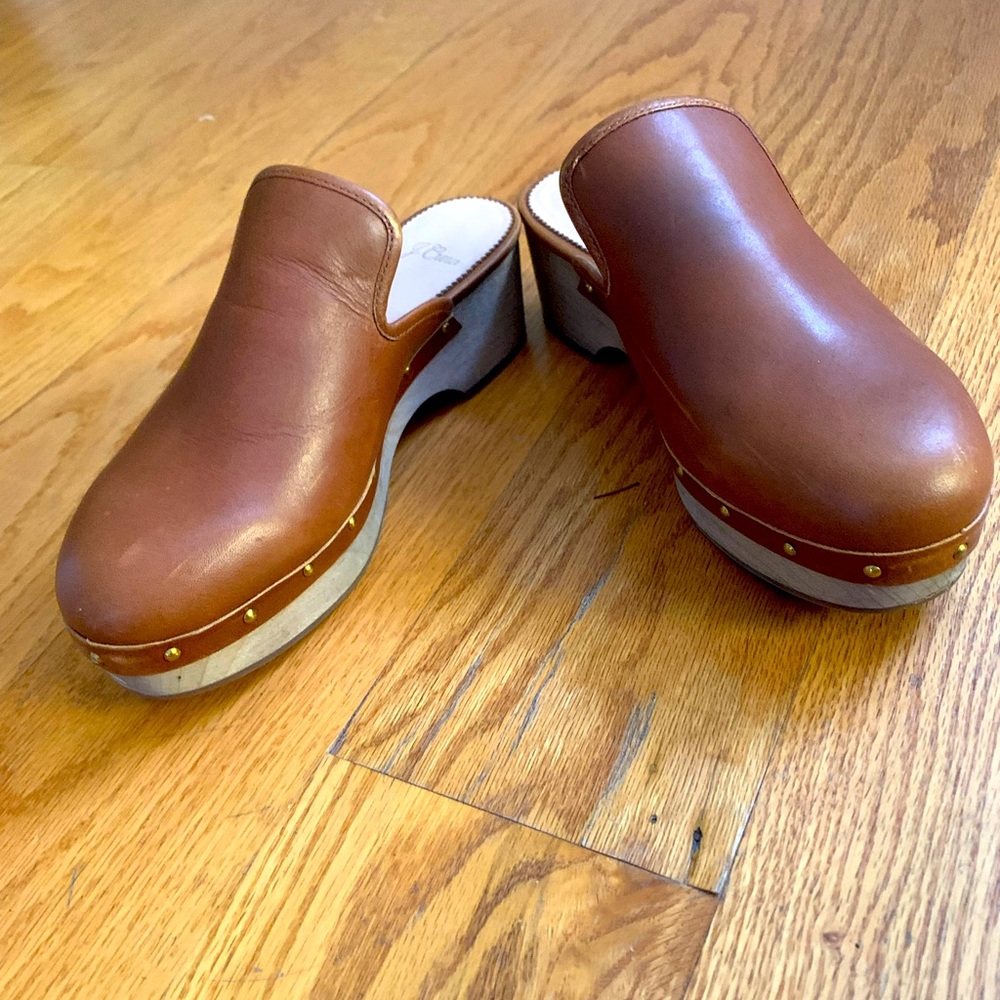 Jcrew Brown Leather Wood Bottom Clogs - Gem